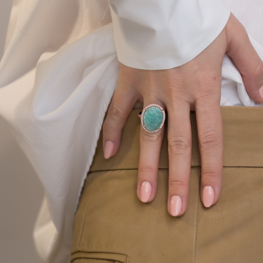 Ring silver 925 pink gold plated & with amazonite and white zirconia ...